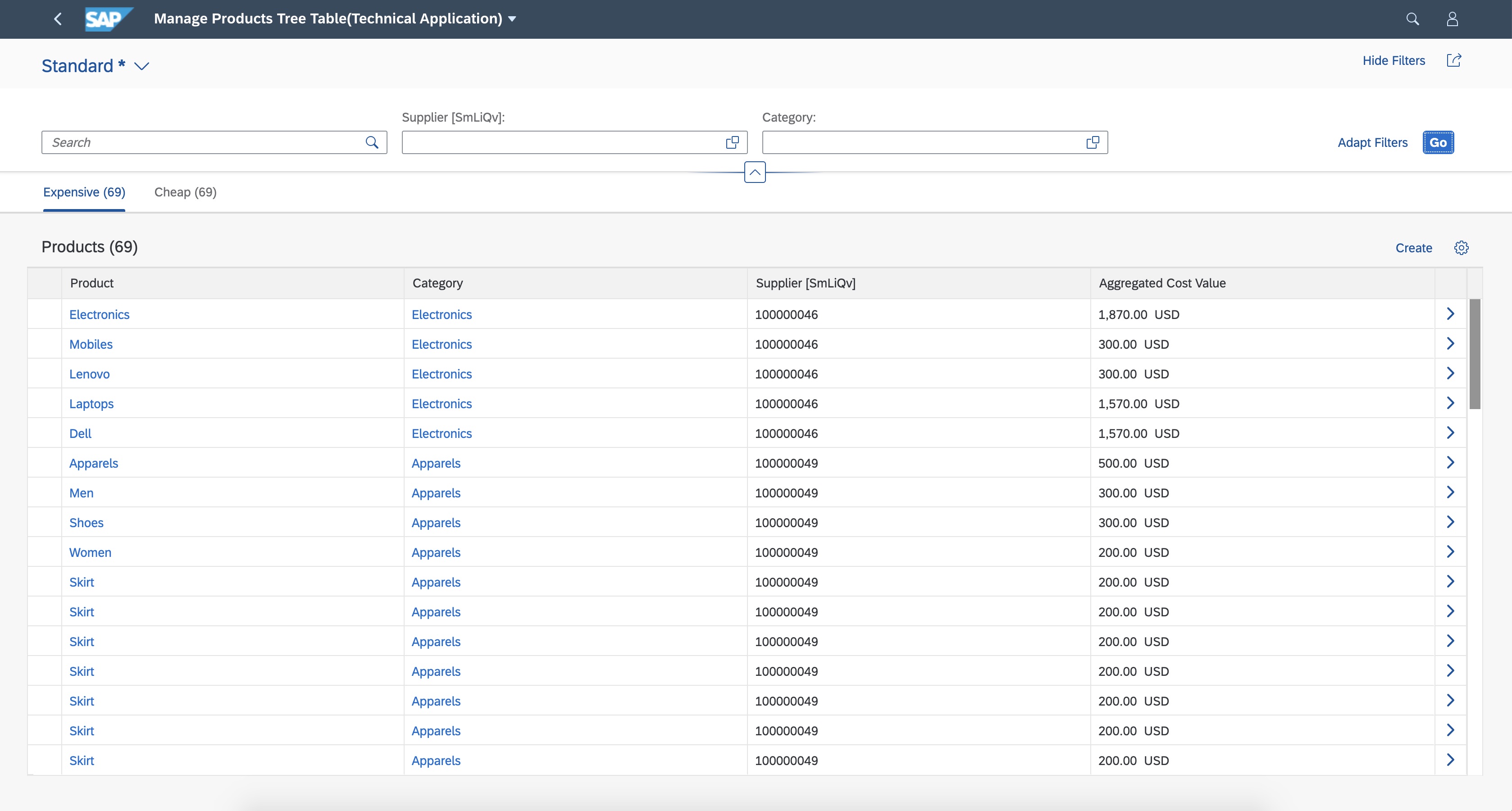 Example of a List Report page with two tabs of different table types
